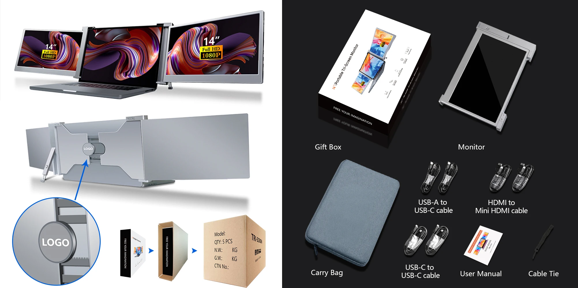 14 Inch Dual Screen Usb C Laptop Extended 1080p Ips Display For ...