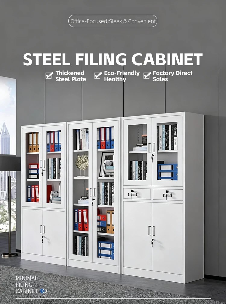 5-Tier Metal Bookcase 2 Glass Door File Storage Cabinet Office ...