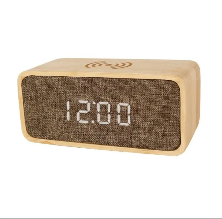Acoustic Fabric Wooden Frame LED Alarm Clock with Wireless Charger