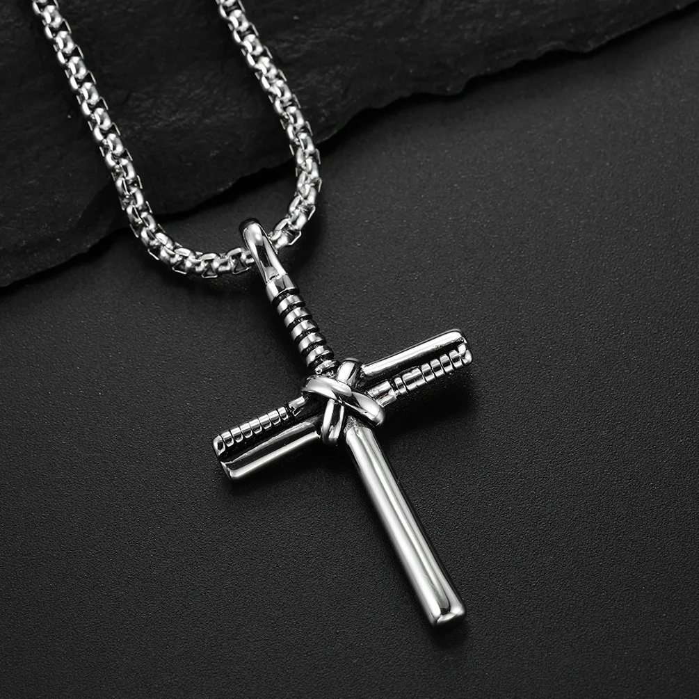 Stainless Steel Sports Series Baseball Bat Cross Necklace