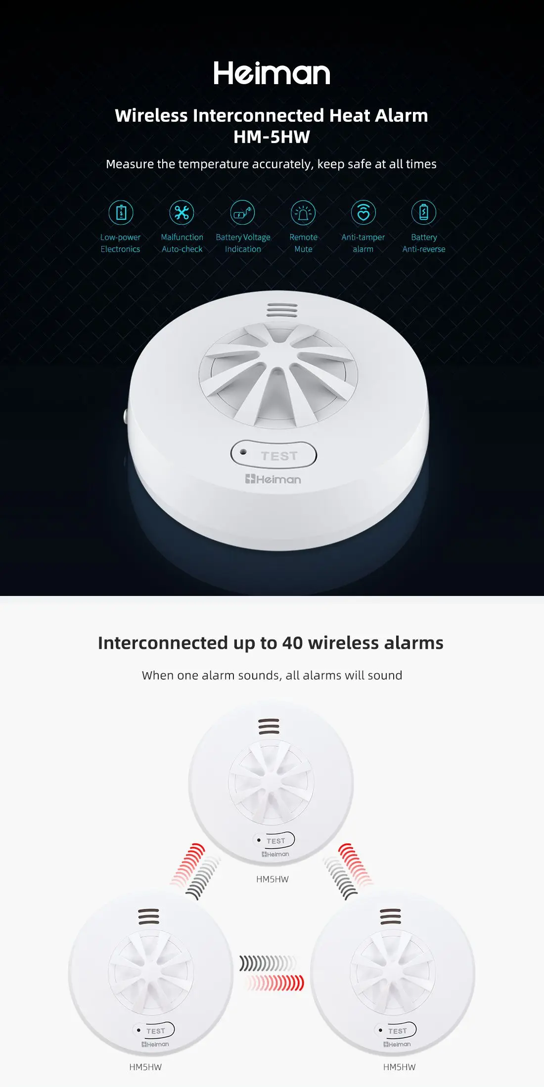 Wholesale Heat Alarm Interconnected RF433mhz Wireless Heat Detector 10 ...