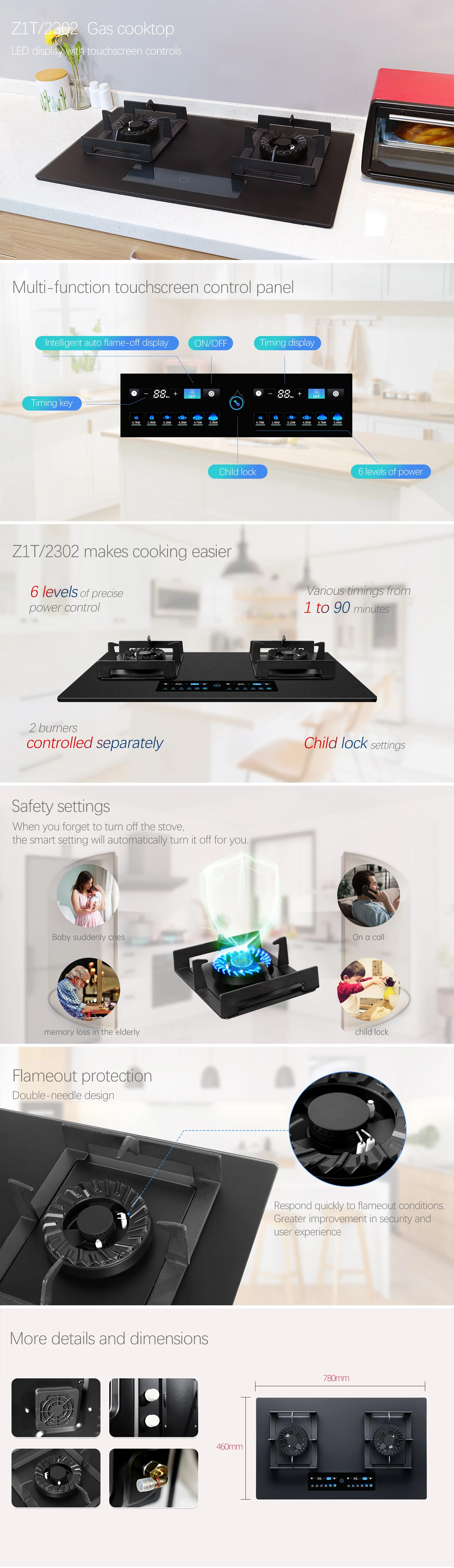 Smart Touch-screen Gas Cooktop With 2 Built-in Burners Tempered Glass ...