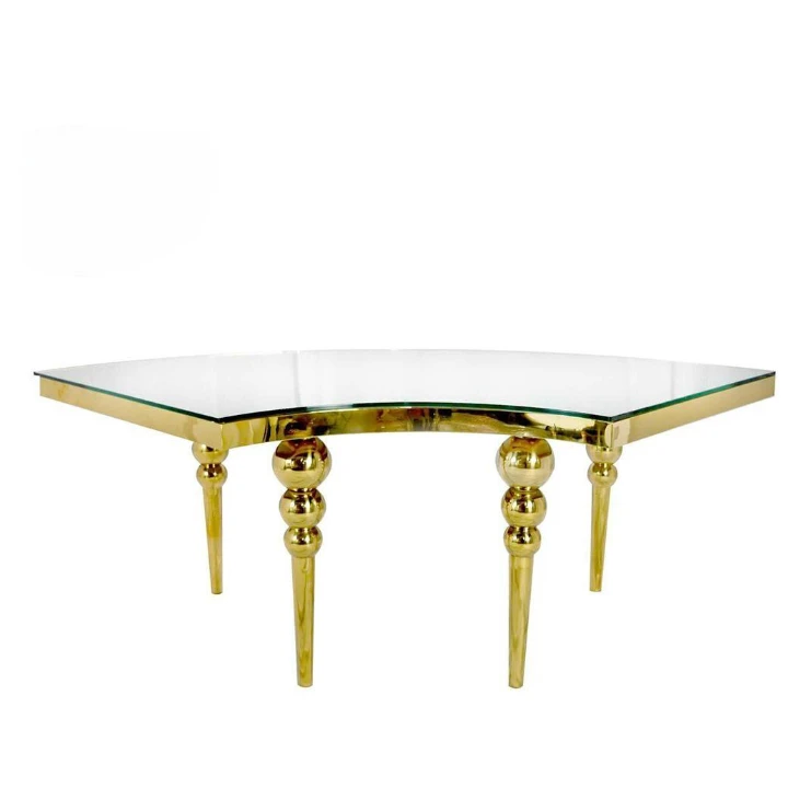 Elegant S-Shaped Glass Top Table with Gold Legs for Weddings