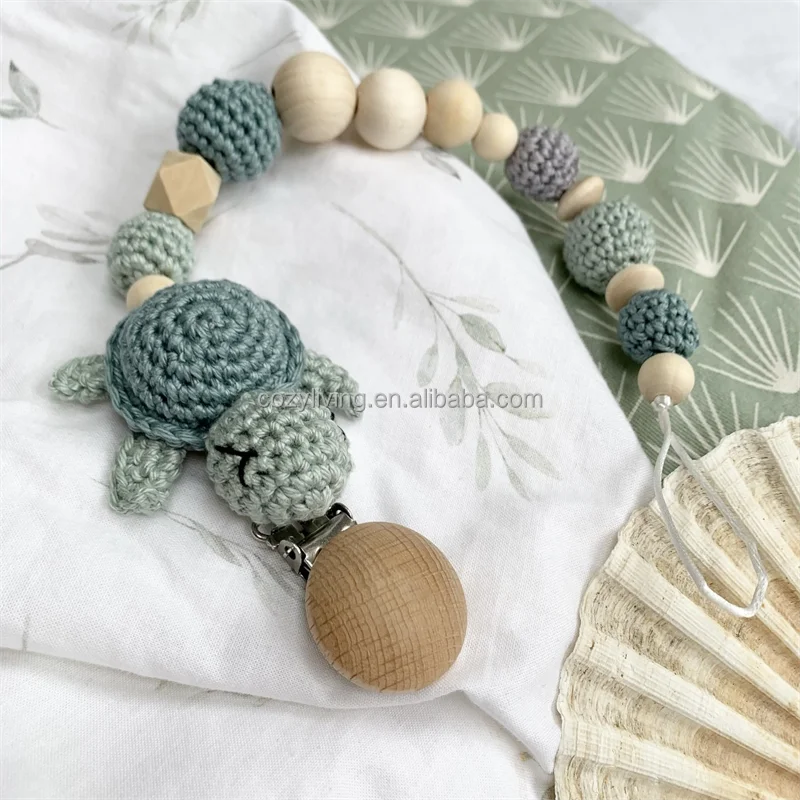 Amigurumi Turtle Sea Animals Stroller Crochet Pacifier Clip Beech Wood ...