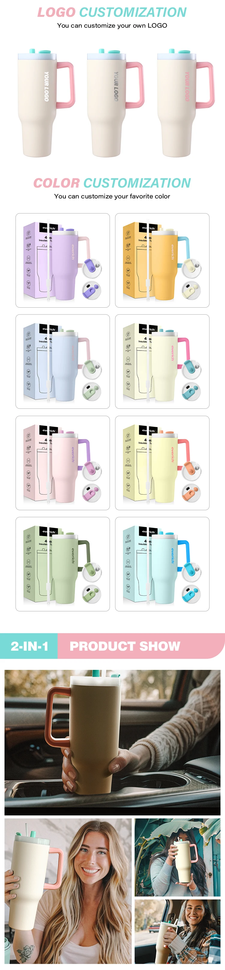 40oz Insulated 18/8 Stainless Steel 40 oz Tumbler With Handle Straw Lid ...