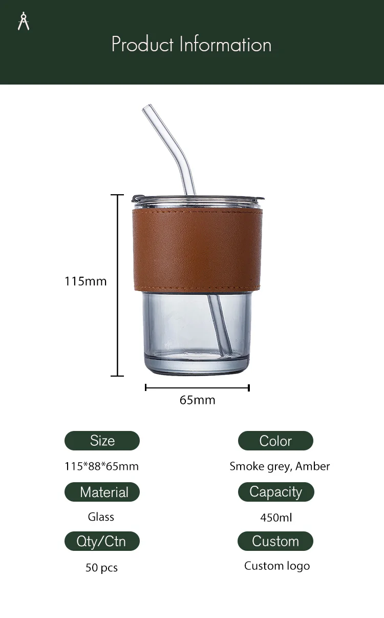 Wholesale 450ml Clear Glass Slub Cup with Lid & Straw