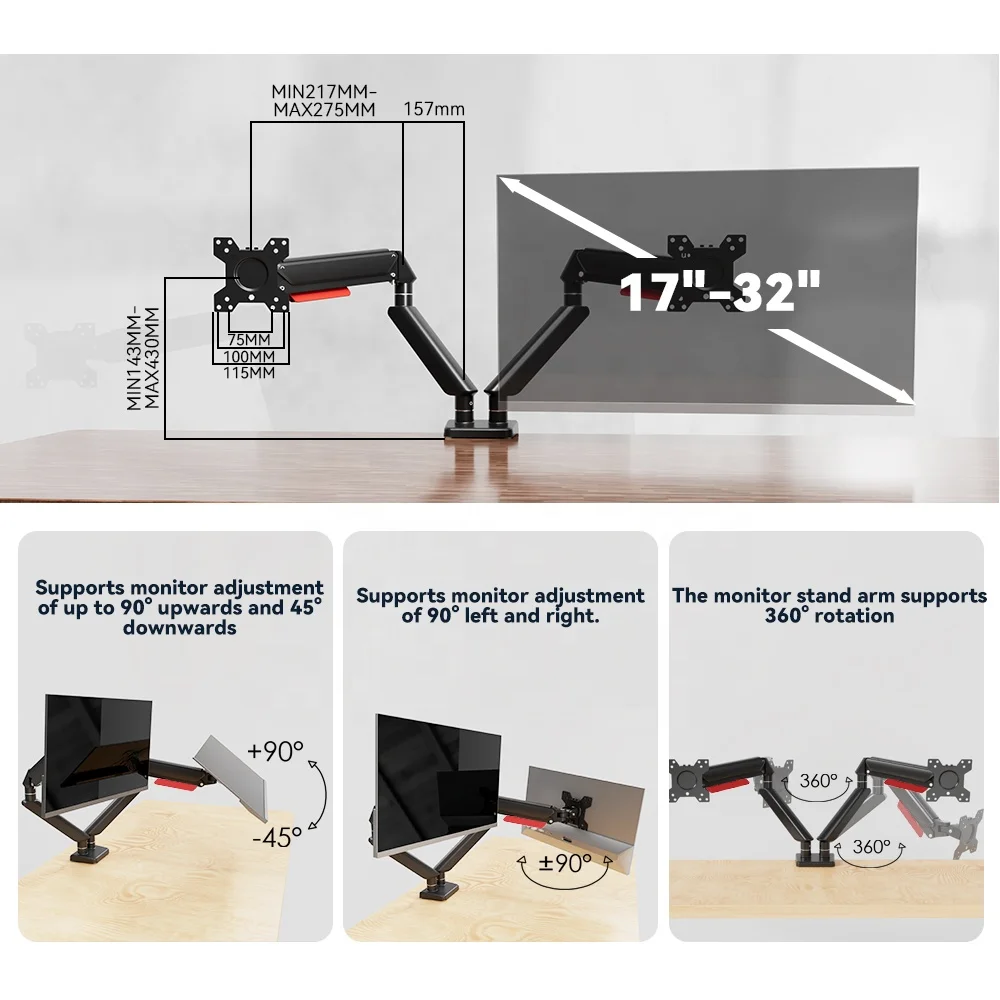 Factory Direct Dual Monitor Stand Arm 17-32Inch Gaming Adjustable 90 ...