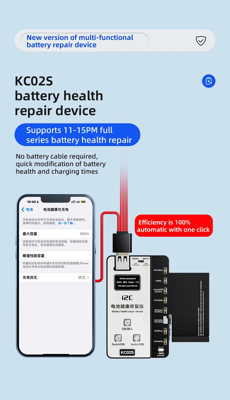 I2C KC02S Battery Health Repair Instrument for Iphone 11-15 Pro Max