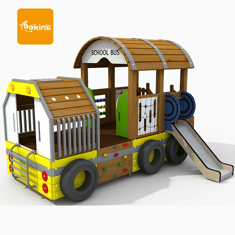 Cartoon School Bus Outdoor Kids Playground Equipment With Slide For ...