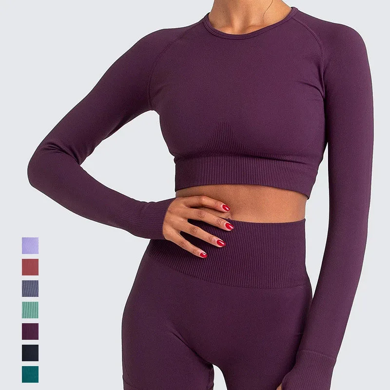 Gym Fitness Sets 2021 Woman Crop Top Long Sleeve Ribbed Set High Quality Long Leggings Seamless ...