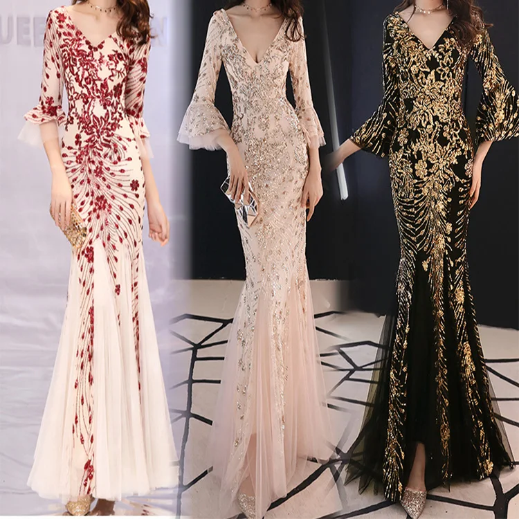 V Neck Long Puff Sleeves Evening Dresses - Serene Luxury