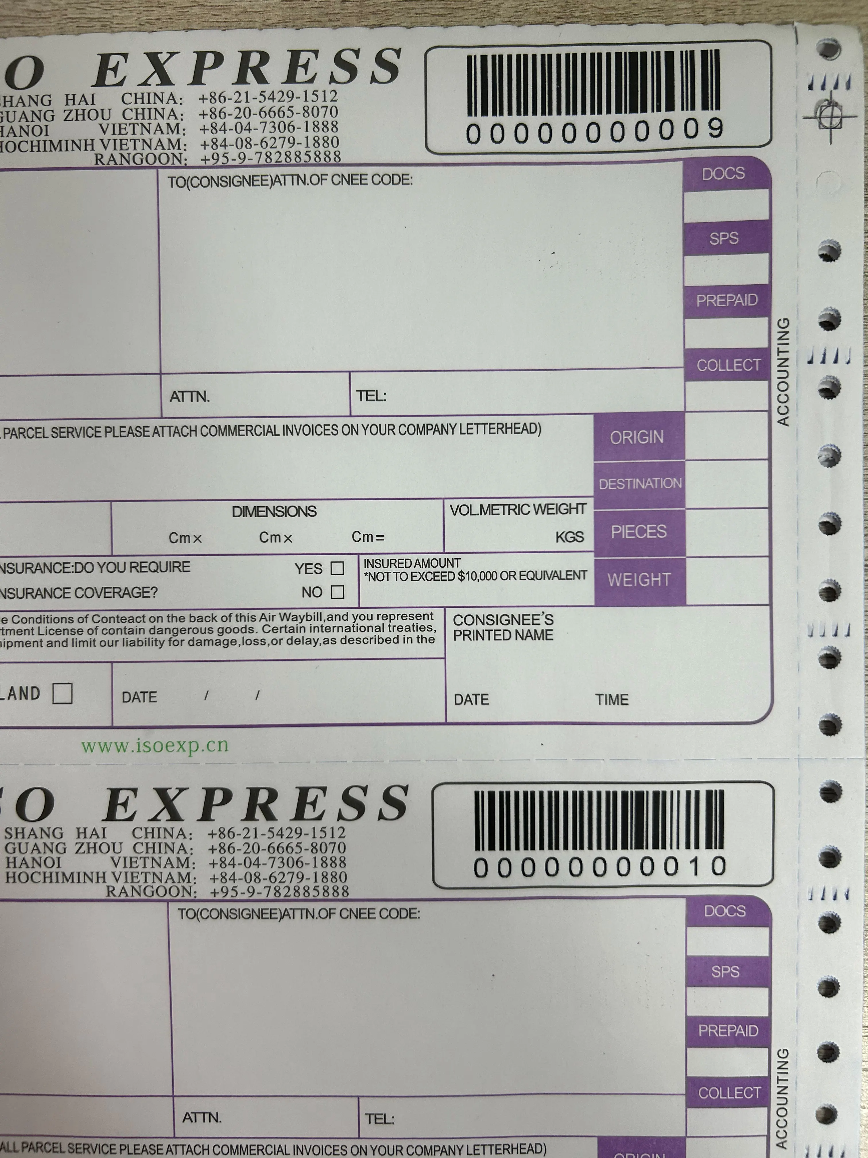 Custom International Receipt Air Waybill Express Shipping and Tracking ...