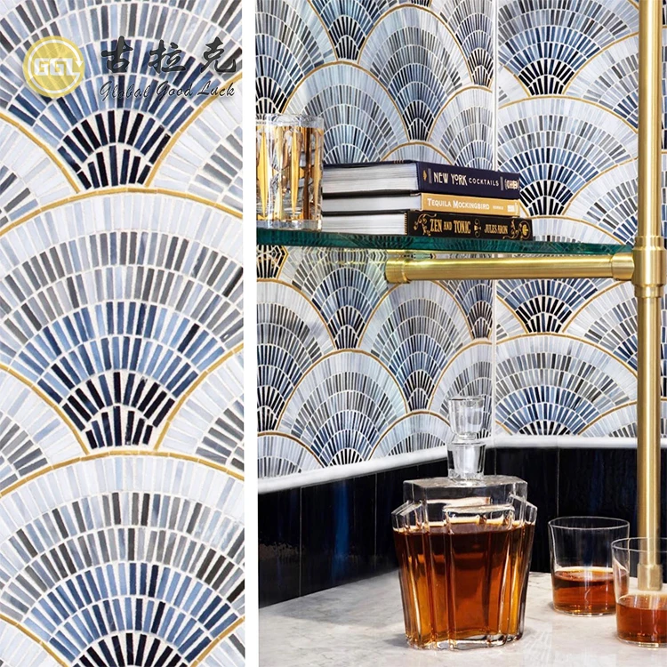 Luxurious Design Fan-Shaped Blue Color Waterjet Mosaic Tile With Brass ...