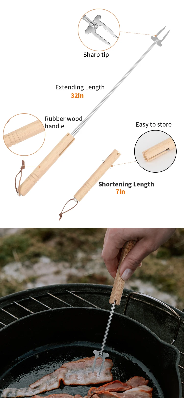 Wooden Handle Campfire Multi-use Telescoping and Fully Retractable Fork ...