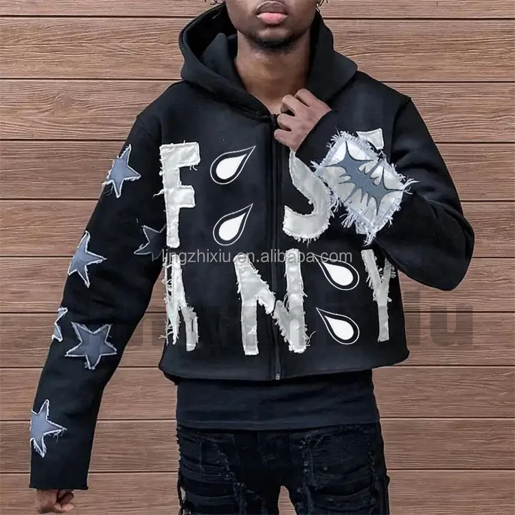 Custom Screen Printed Hoodie Heavyweight Y2k Cropped Raw Hem Zip Up ...