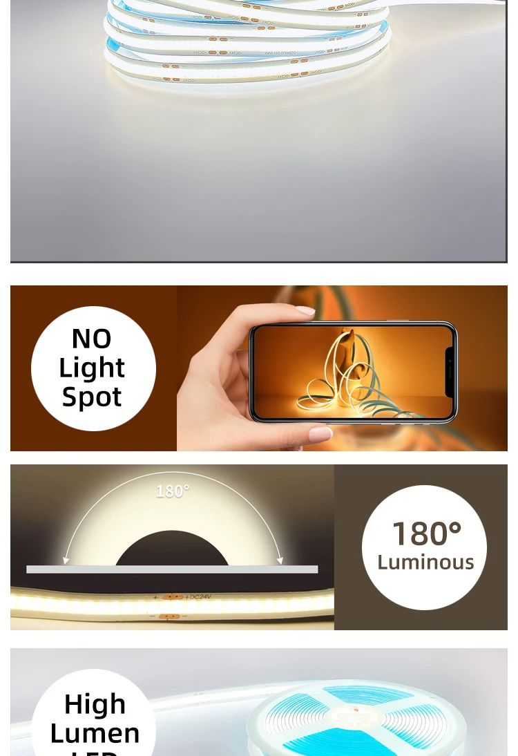 Flexible Cob Warm White Light Strip 24v 480chips/m 12w/m 10mm Fpc 5m ...