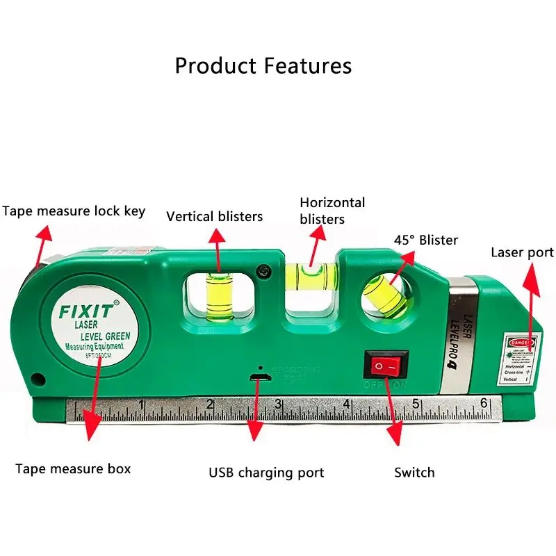 Green Lazer Level Rechargeable Scale Measurement Tape Measure Building ...