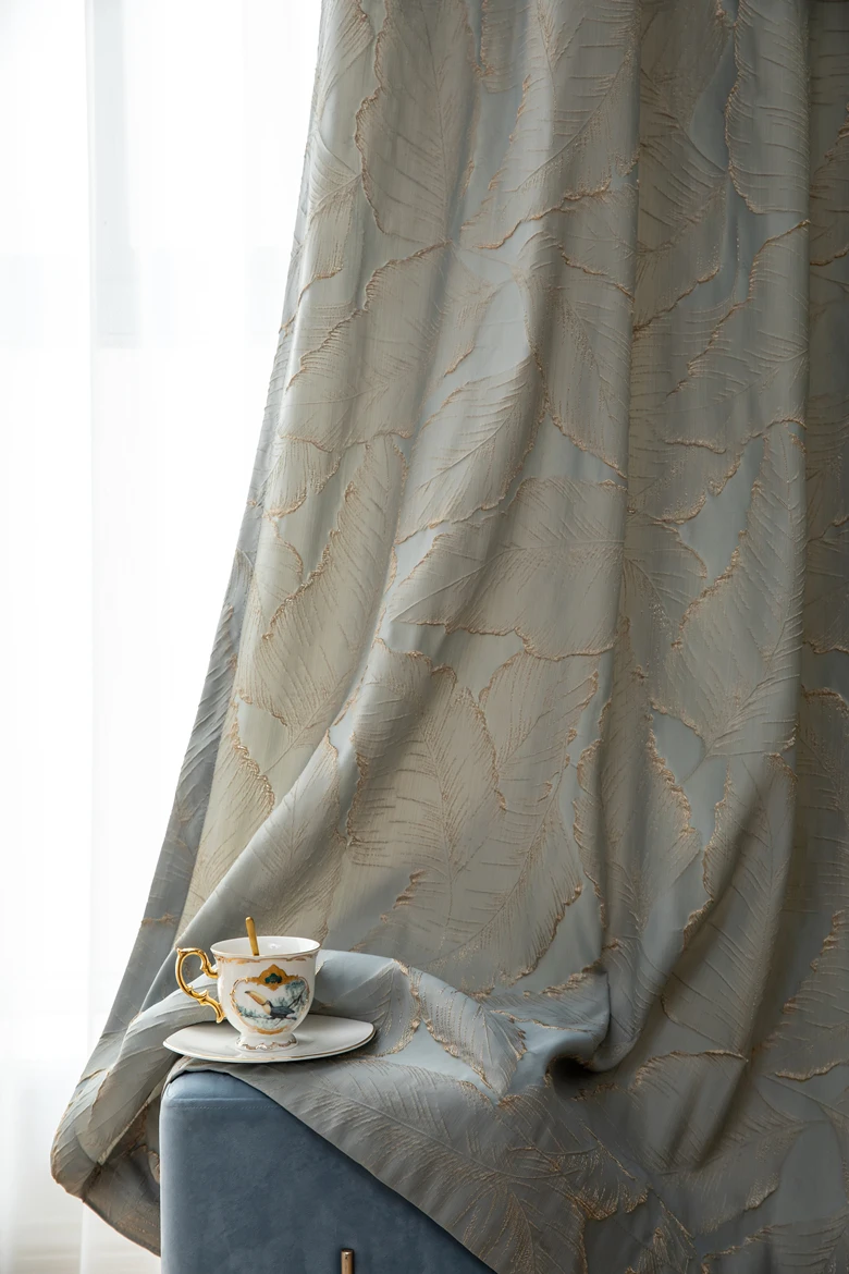 Custom Elegant Leaves Jacquard Drapery Beige Embroidery Curtain Golden ...