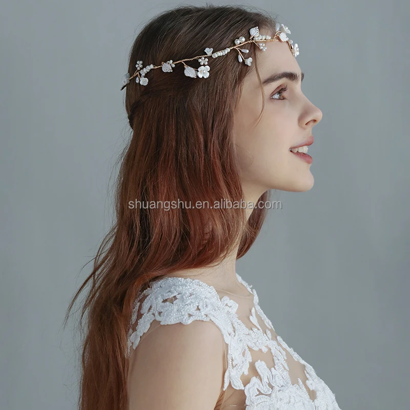 Ceramic Flower Wedding Headpieces Handmade Pearl Crown Headpieces Round ...