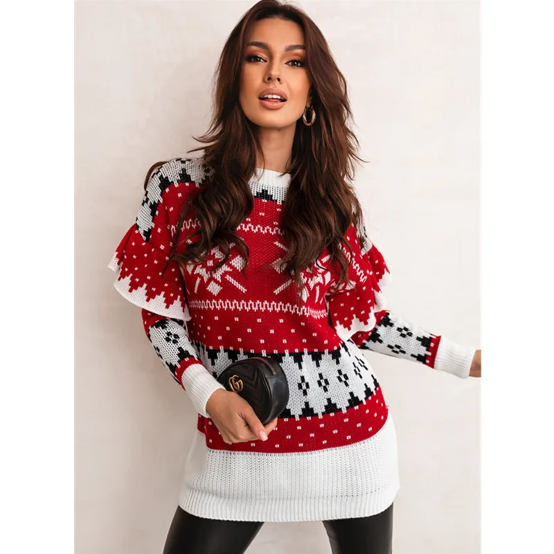 Merry Christmas Sweater For Women Ruffle Long Sleeve Knit Tops Cute ...