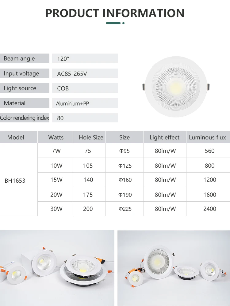 Indoor Ceiling Recessed Embedded Mounted Down Lighting 7w 10w 15w 20w 30w Round Cob Led ...