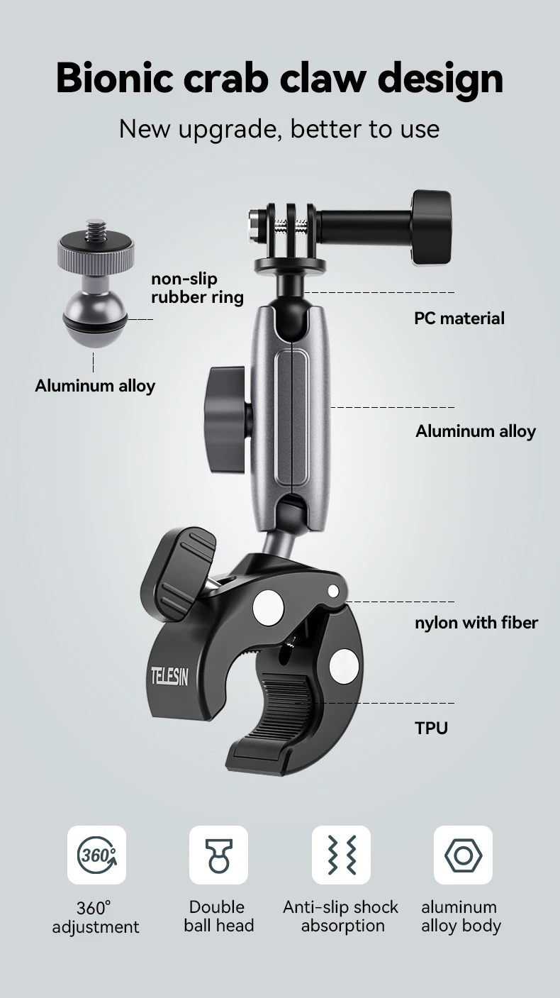 Telesin Super Clamp Bicycle Clip Camera Mount Motorcycle Handlebar ...