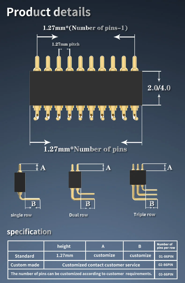 Denentech Connector Pogo Pin Male H4.0mm Dual Row Right Angle 1.27mm Pogo Pin Connector For Pcb ...