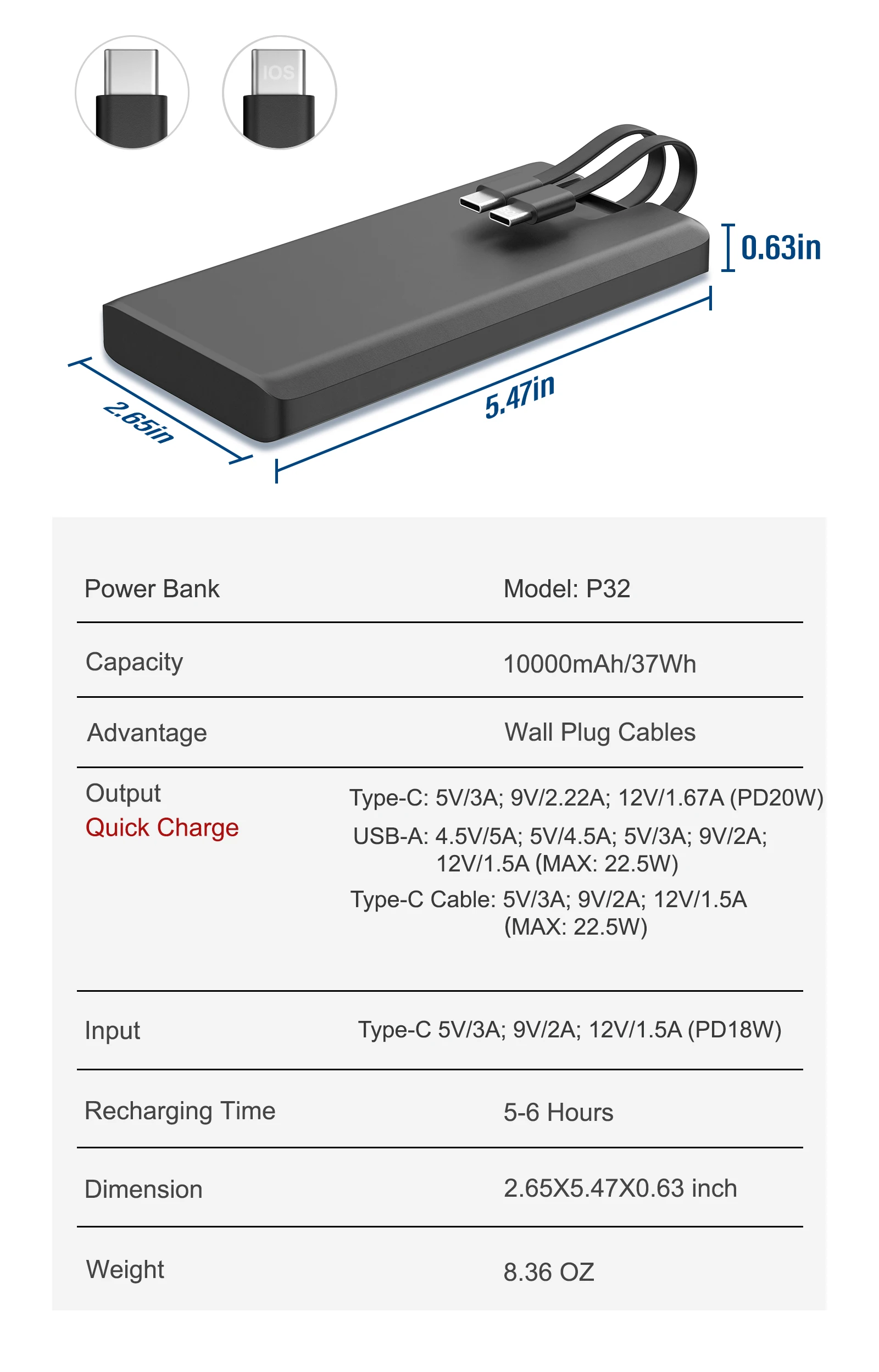 10000mah Power Bank Carrying Strap Design Built-in Cable Travel ...