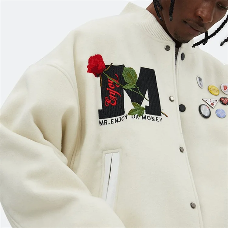 Oem Custom Winter 100% Wool Rose Embroidery Fleece Varsity Bomber ...