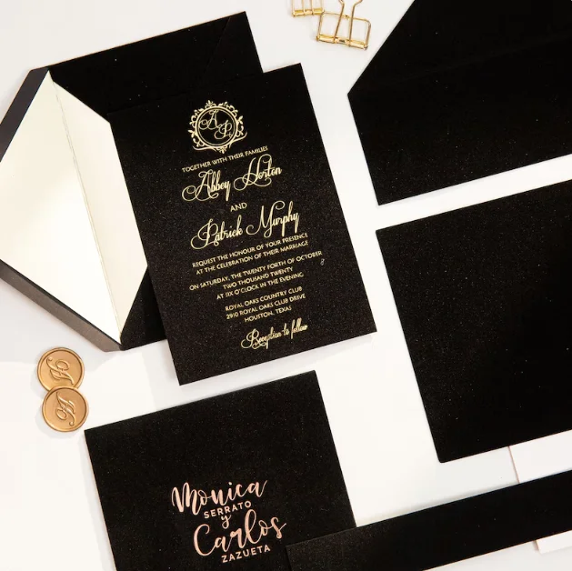 Black Velvet Invitations with Gold Foiling Printing Velvet Wedding ...