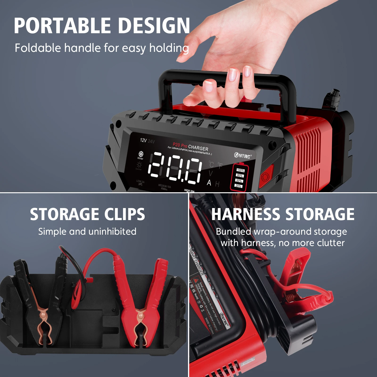 HTRC20 Fully-Automatic 20 Amp Smart Electric Car Battery Charger 12V ...