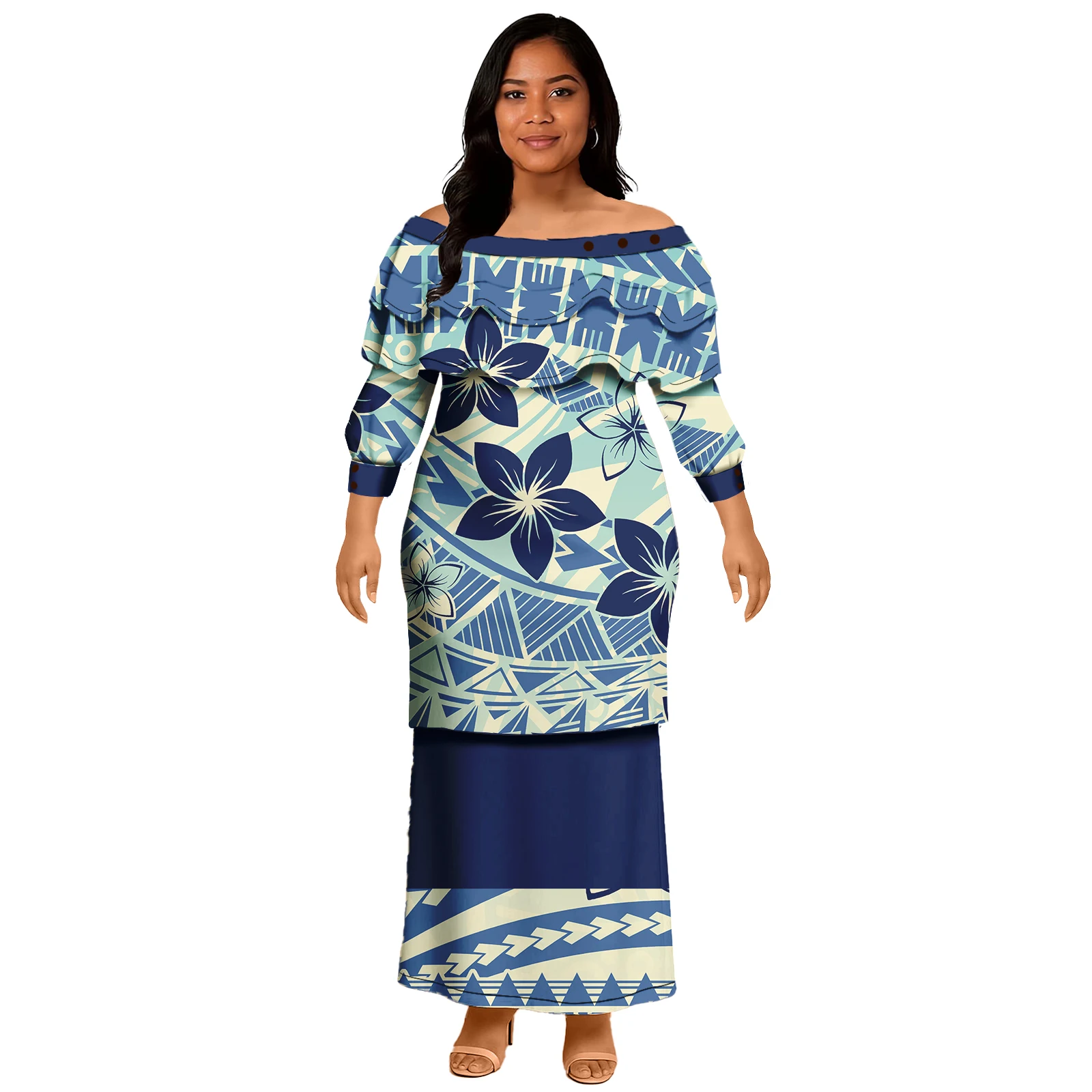 Samoan Puletasi Dress Tradition Polynesian Print Custom Pattern Ruffles ...