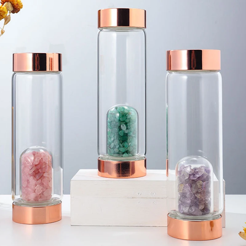 550ml High Borosilicate Glass Water Bottle With Rose Quartz Gemstone ...