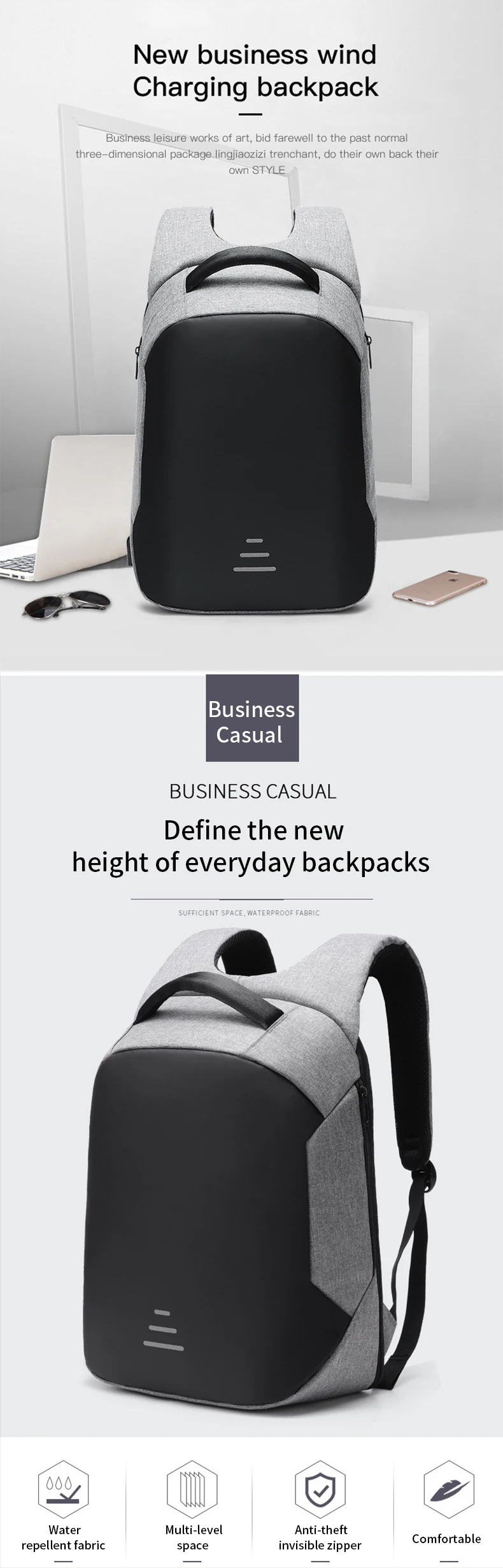 Custom Logo Business Laptop Bag Backpack Waterproof Usb Charging Anti ...