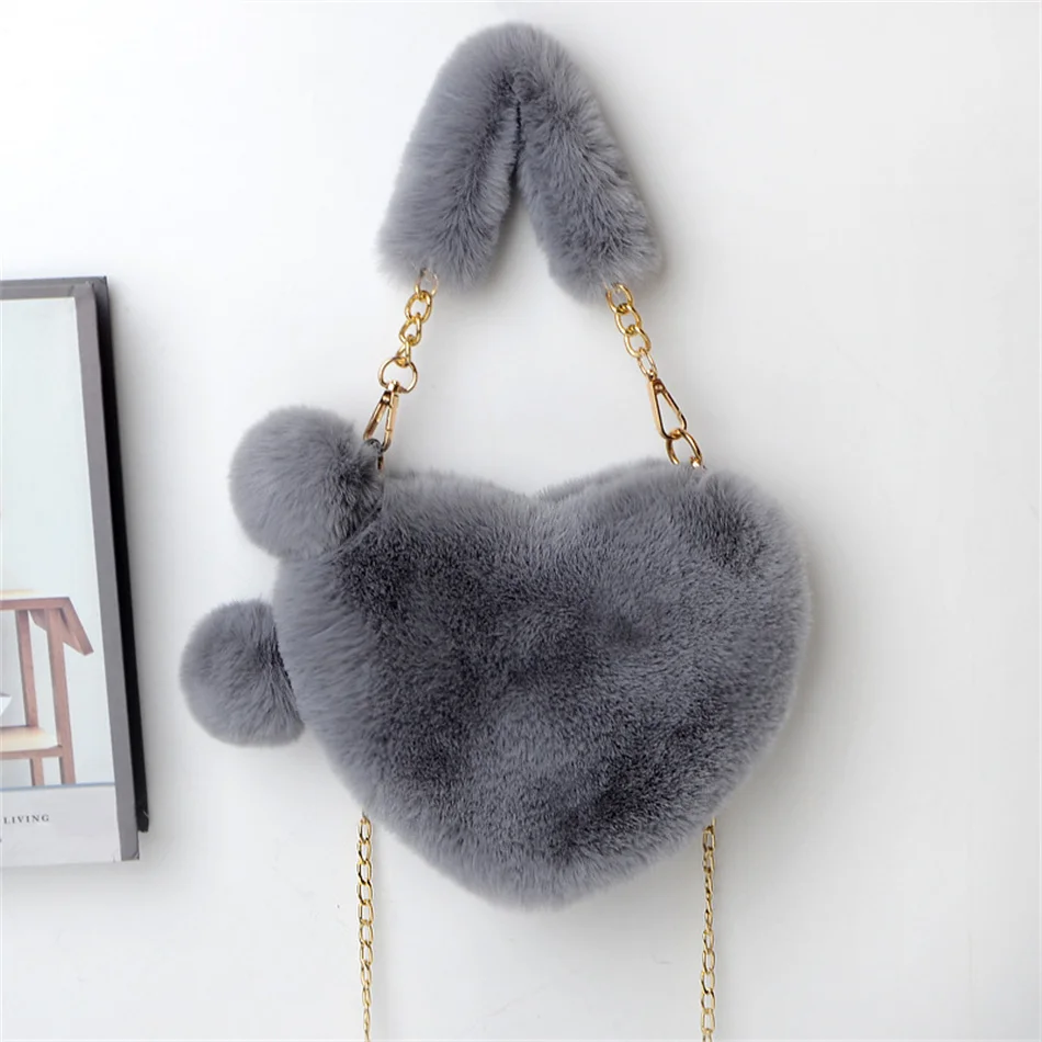 Cute Plush Autumn Winter Fur Handbag Sweet Beauty Heart Shape Purse Set ...