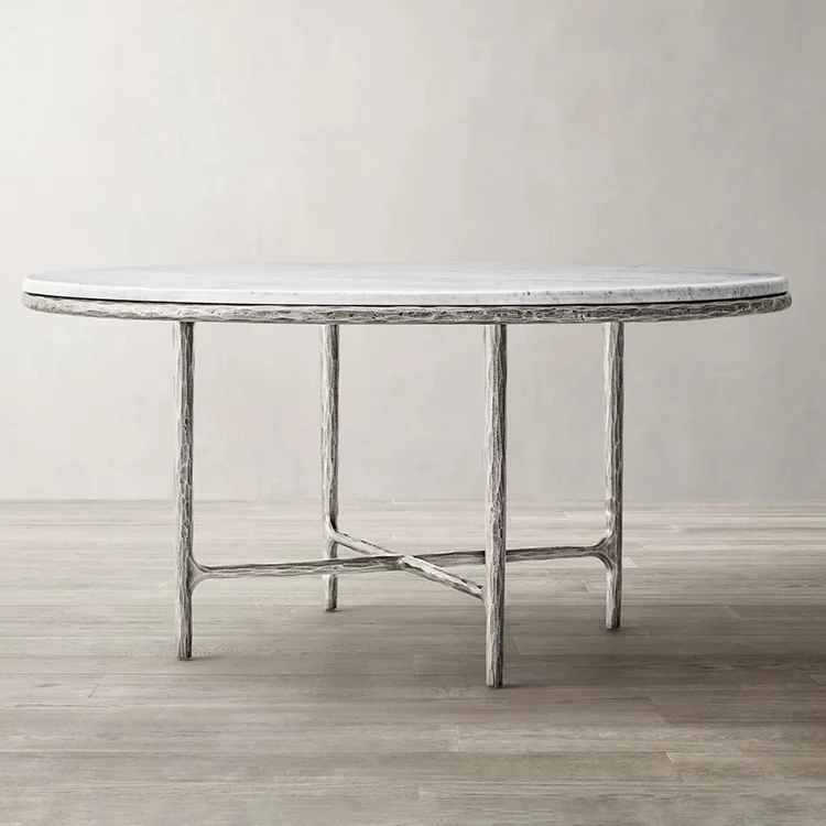 Luxury Thaddeus Marble Round Dining Table Forged Metal Hammered Finishes Round Frame Dining ...