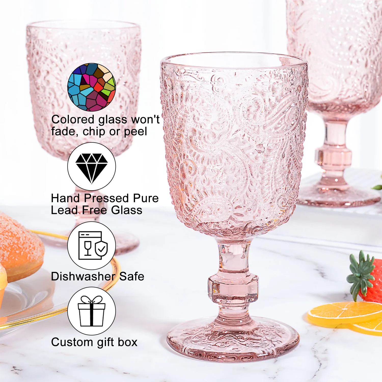 Wholesale Custom Hand Blown Vintage Embossed Pink Goblets
