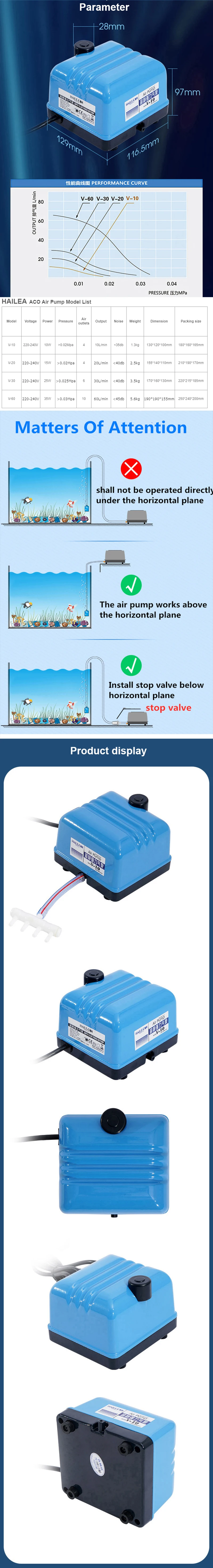 Hailea V10/V20/V30/V60 Quiet Aquarium Oxygenation Pump Fish Tank Oxygen ...