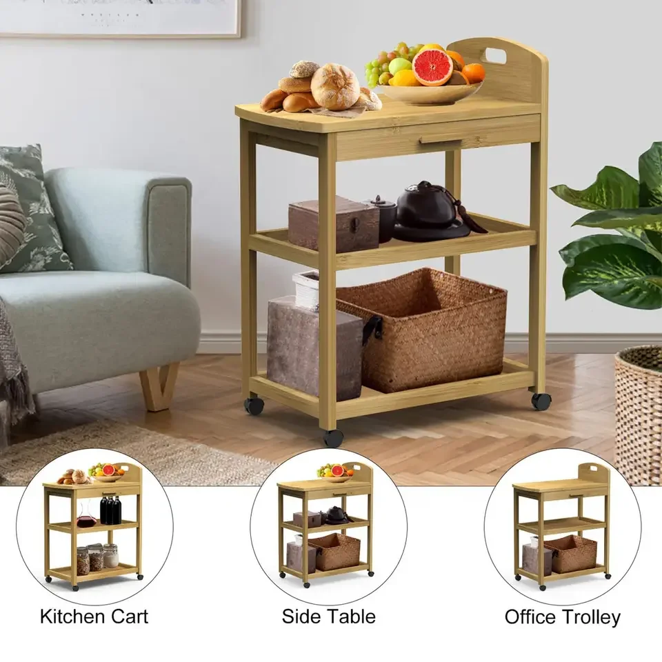 Customized 3 Tier Bamboo Rolling Kitchen Trolley Cart On Wheels And ...