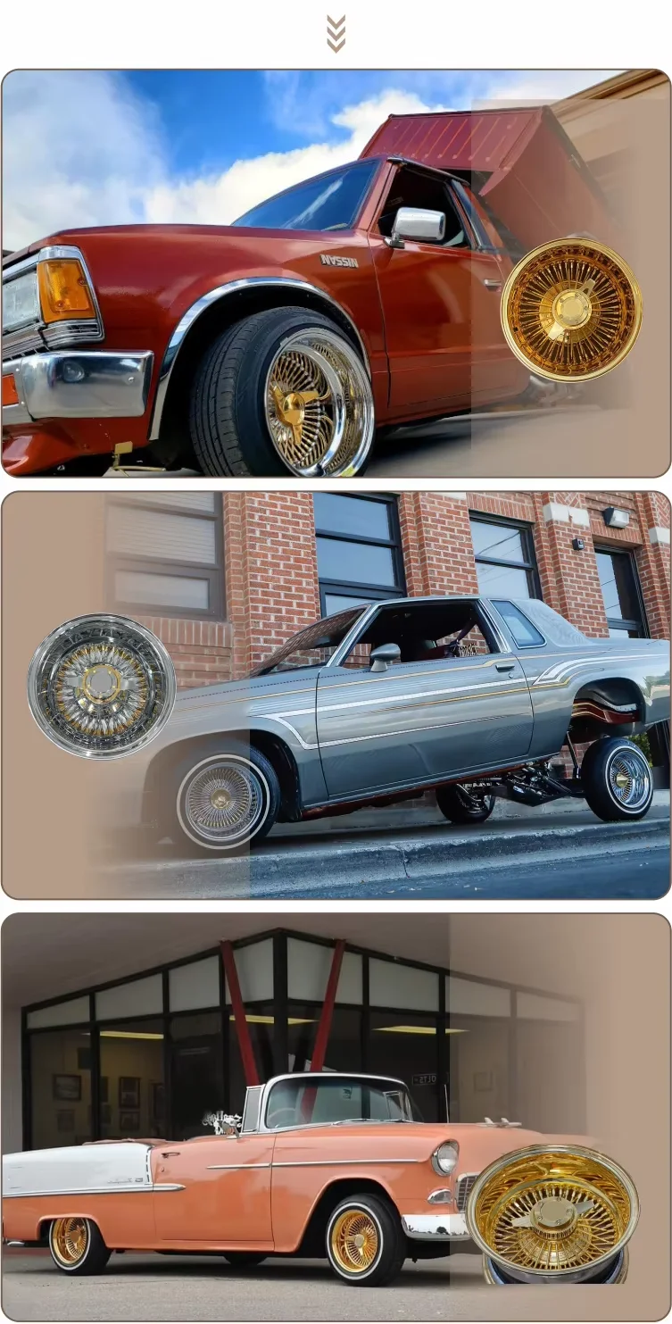 Lowrider 14x7 Reverse 100 Chrome Rims - 13 Inch Gold Wire Wheels