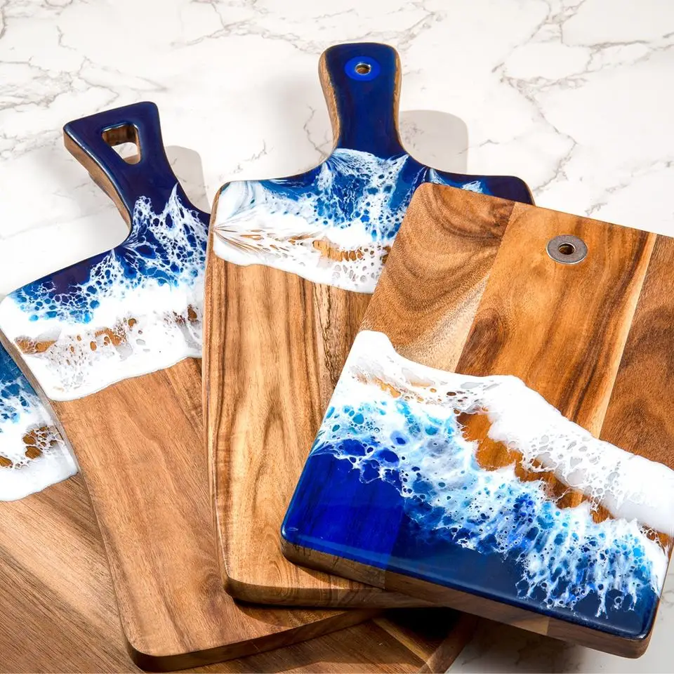 New Luxury Ocean Wave Wood Chopping Blocks Epoxy Resin Art Serving ...
