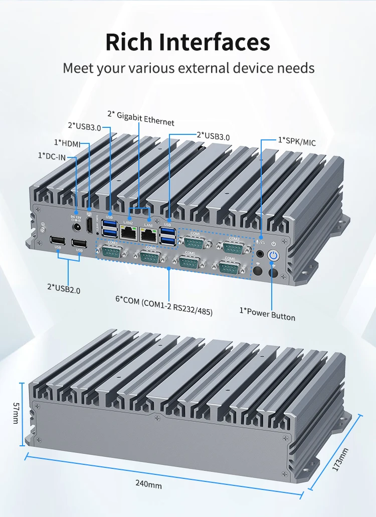 Robust Fanless Industrial Computer 7th Gen I5 6 COM Ports Dual LAN ...