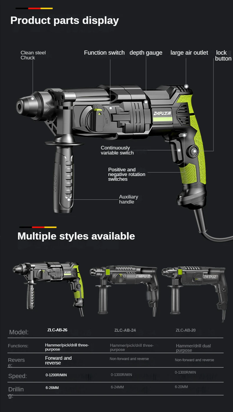 Zhipu Impact Rotary Machine - 3 in 1 Hammer Drill for Wood, Stone, and ...
