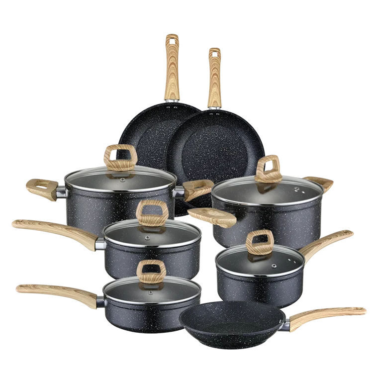 Marble Coated Pot Aluminum Wooden Handle Double Granite Coated Cookware ...