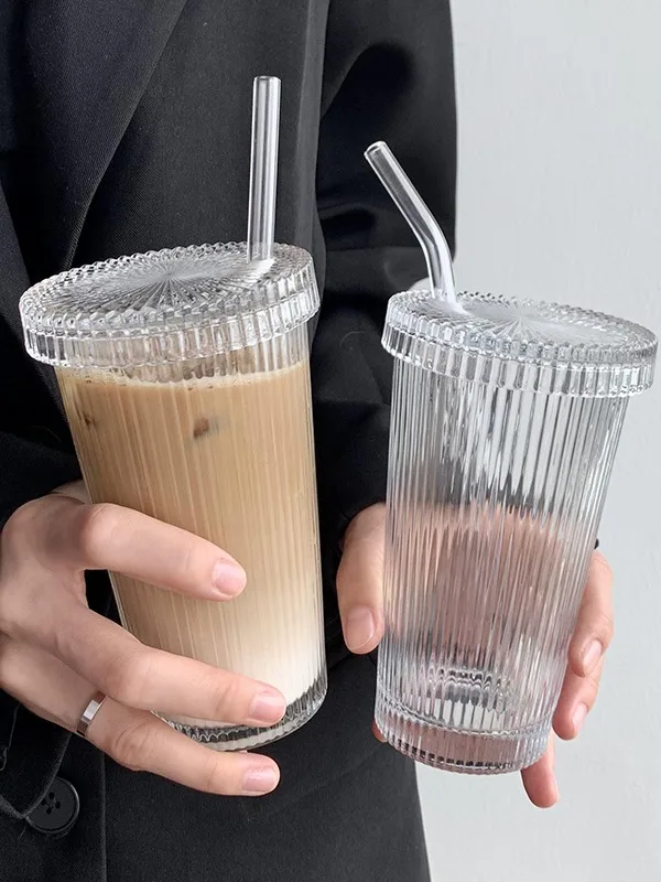 Ins Ribbed Transparent Glass Cup Clear Breakfast Beer Juice Milk Coffee ...