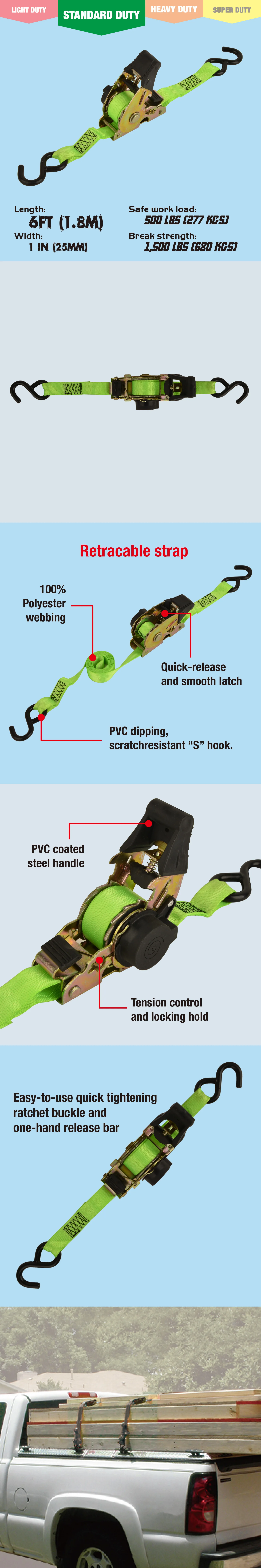 2pk 1" 3m 1500lbs Self Retracting Ratchet Strap for Sale