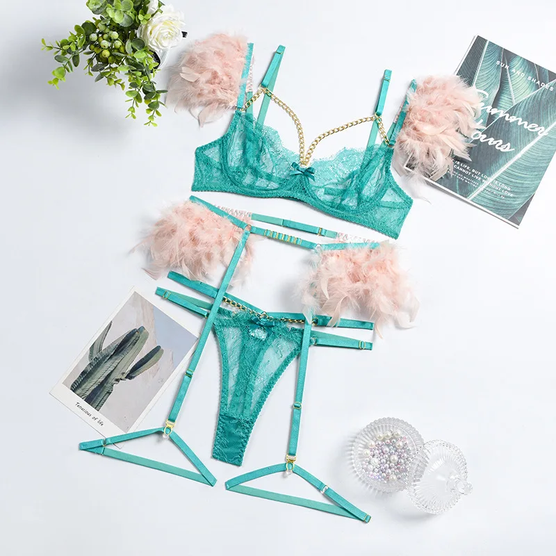 Feather Lace 3 Piece Garters Lingerie Set for Women - Exotic Bralette ...