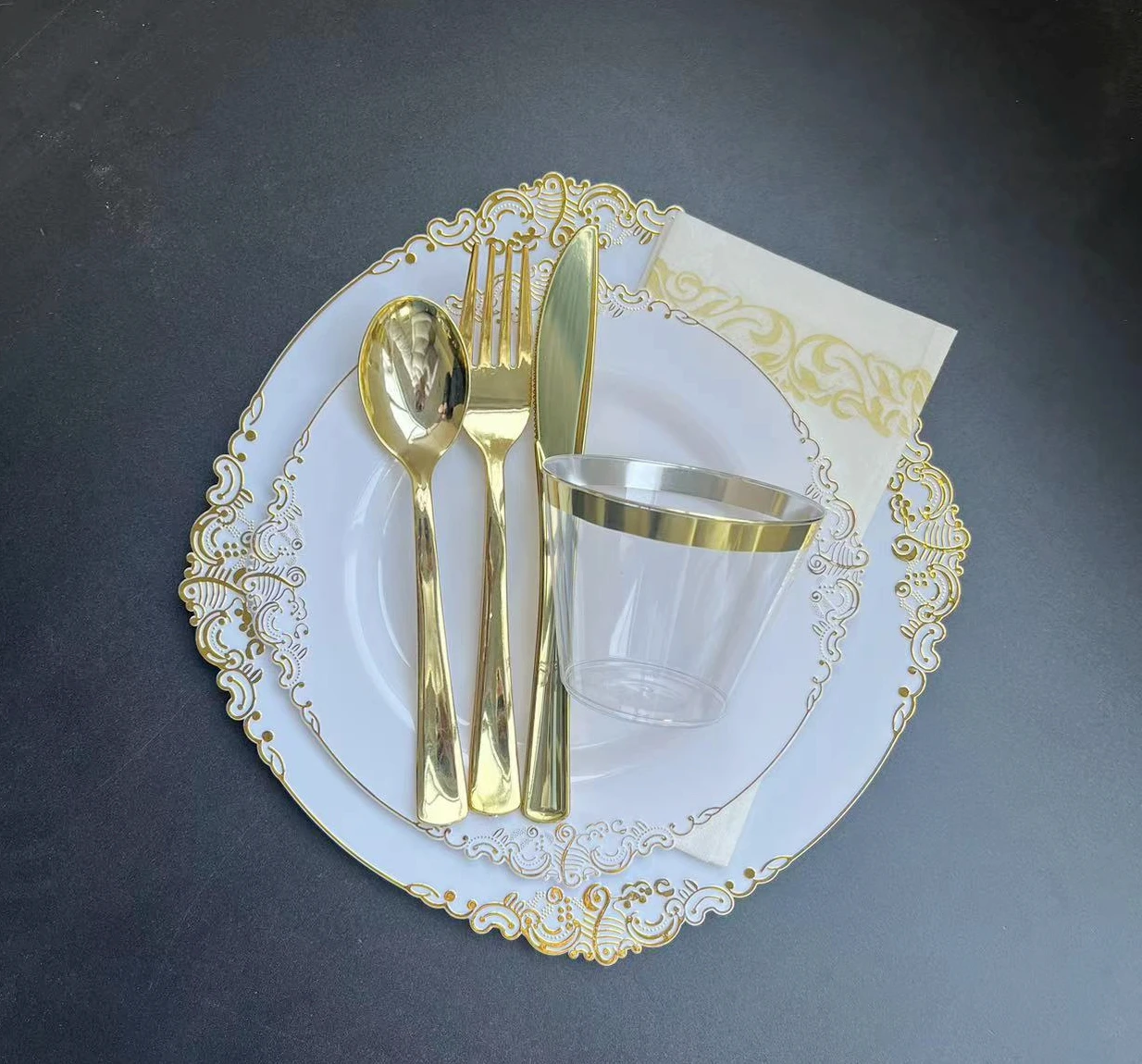 175 Piece Gold Dinnerware Plastic Set 25 Guest-50 Gold Rim Plates-75 ...