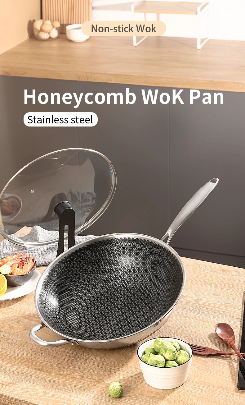 Customized 316 Stainless Steel Wok with Glass Lid