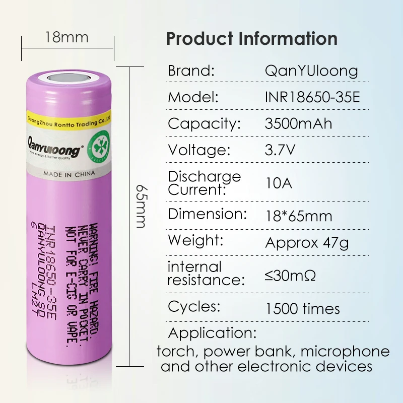 Qanyuloong 100% 原装3.7v Inr18650电动工具用大功率锂电池35e 3500毫安时手电筒持久使用 - Buy 新 ...